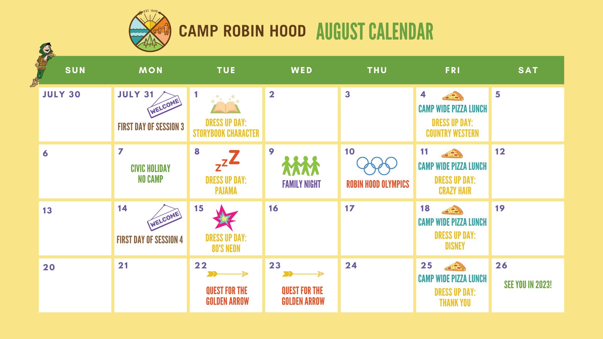 August Calendar 2023 - Camp Robin Hood - Summer Day Camp In the GTA