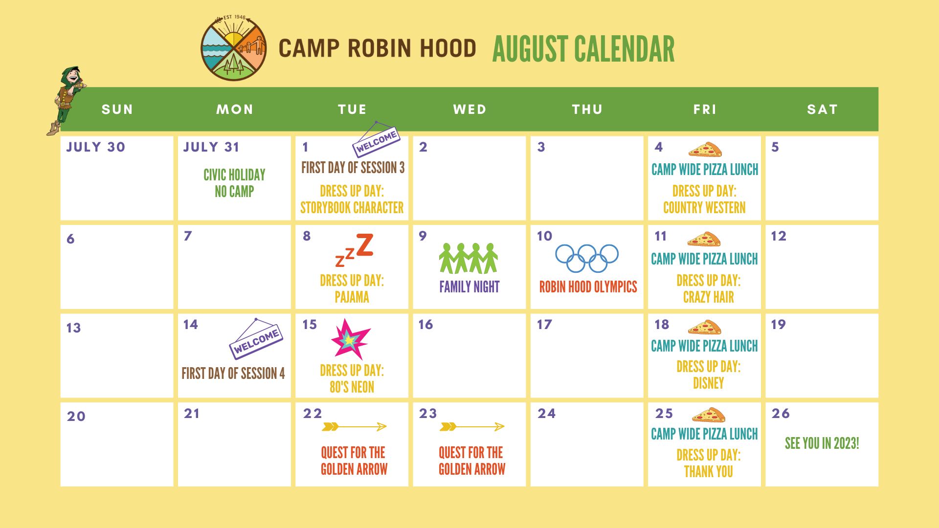 August Calendar 2023 - Camp Robin Hood - Summer Day Camp In the GTA